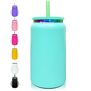 Glass Cups with Lids and Straws, 16 oz Stainless Steel Cups, Insulated Skinny Tumbler, Powder Coated Travel Mugs for Laser Engrave, Iced Coffee Cup for Smoothie Water DIY Gift (Mint Green,1 pack)