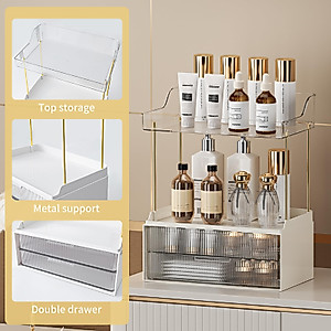 CISIREE Bathroom Countertop Organizer, 2 Tier 2 Drawer Large Skincare Organizers,Luxury Makeup Organizer Countertop,Exquisite Bathroom Vanity Organizer,Clear