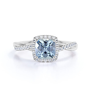 CTIEIP 10K 14K 18K Gold Aquamarine Diamond Engagement Rings for Women,Created Aquamarine Rings with Diamonds Gift for Her (I2-I3 Clarity)