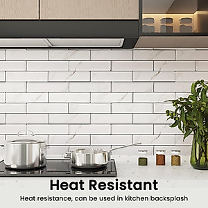 Adedeo Peel and Stick Subway Backsplash, 3"x12" Marble Self Adhesive PVC Wall Subway Tile Stick on Backsplash for Kitchen and Bathroom（16 Pieces）