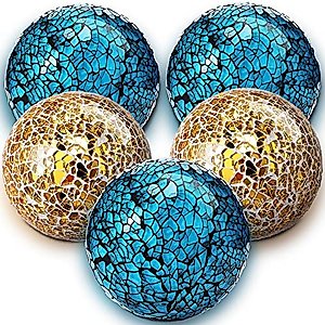 Honeydak 5 Pieces Glass Mosaic Sphere Decorative Balls for Centerpiece Bowls Turquoise Decorative Glass Balls Orbs Decorative Vases Fillers for Home Decoration Dining Table Bowls Tray, Blue,gold