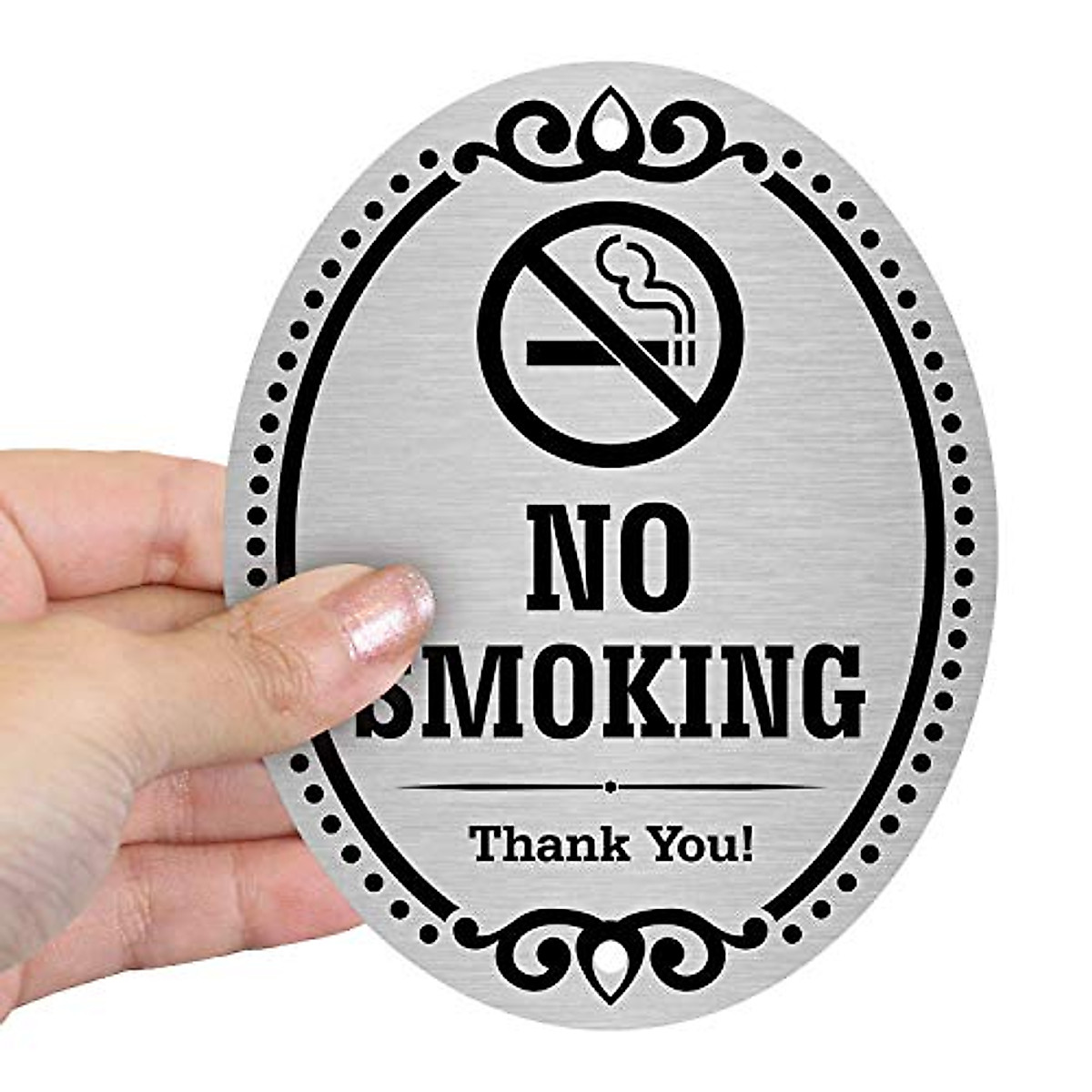 SmartSign Premium No Smoking Thank You Sign for Business & Home, 10 Year Warranty | 4" x 5" Aluminum Metal with Adhesive Backing/Sticker, Peel-Off or Use Pre-Punched Holes, Silver Black