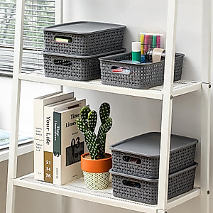 [ 12 Pack ] Plastic Storage Baskets With Lids, Small Pantry Organization, Stackable Storage Bins, Household Organizers for Cabinets, Countertop, Drawers, Under Sink or On Shelves,Gray