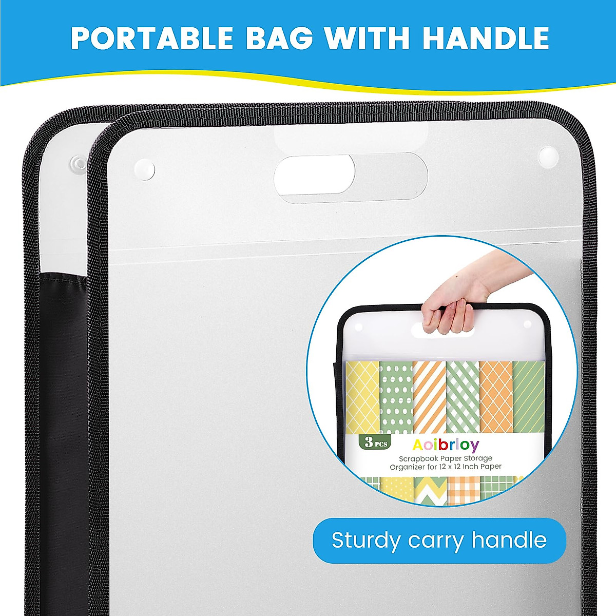 Aoibrloy 3 PCS Scrapbook Paper Storage for Holding 12 x 12 Inch Scrapbook, Black Portable Paper Storage Organizer with Handle for Storing Heat Transfer Papers Document Letter Envelope