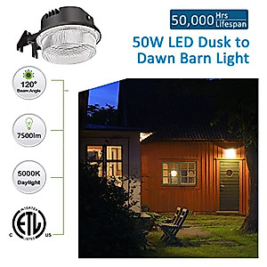 SZGMJIA LED Barn Light 50W, Dusk to Dawn Outdoor Yard Lighting with Photocell, Ultra Brightness 5000K Daylight 7500lm, 500W MH/HPS Replacement, IP65 Waterproof for Security/Farmhouse/Area Light