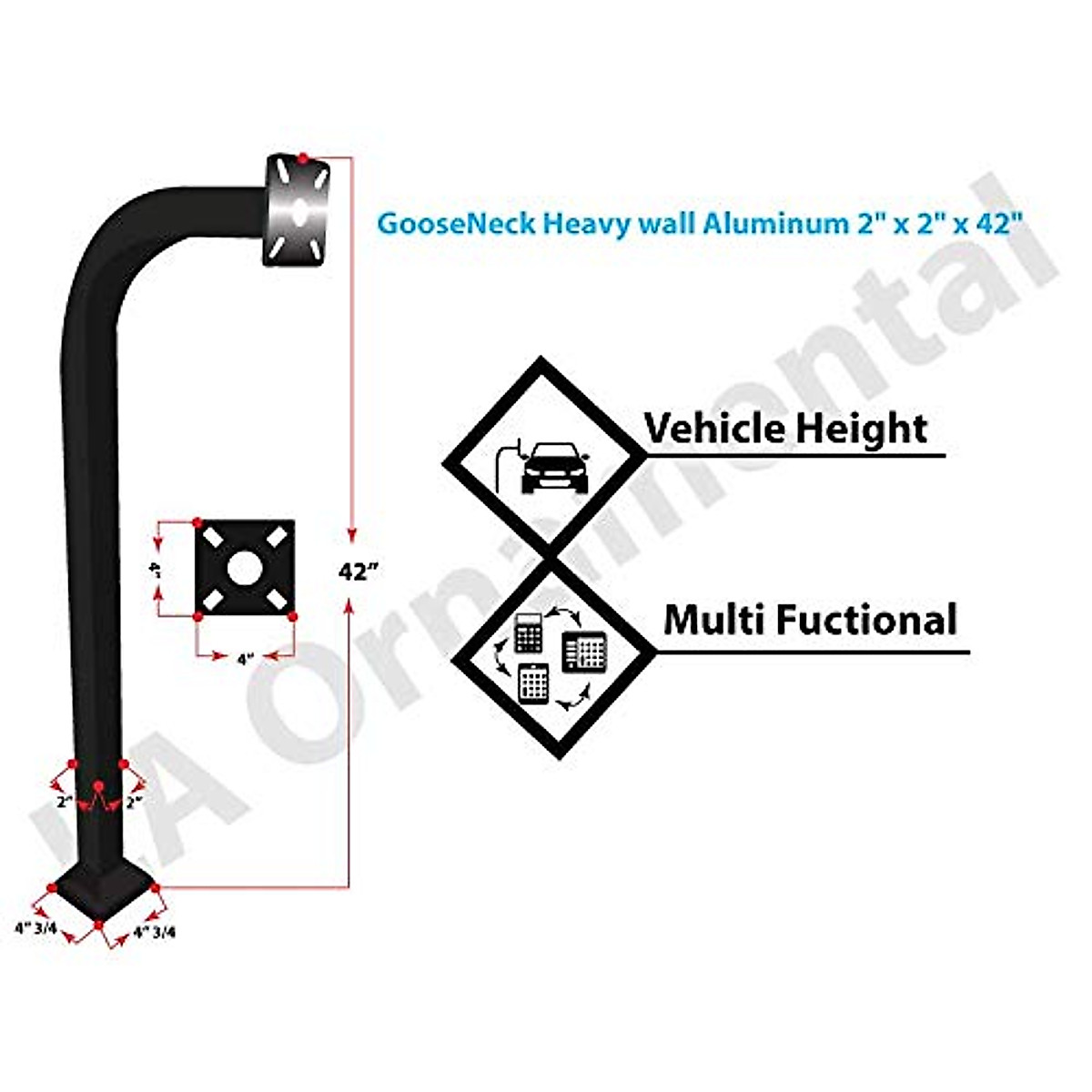 Aluminum Gooseneck Pedestal Keypad Stand Access Control Pedestal mounts gate keypad mounting Post 2" x 2" x 42" (Black)