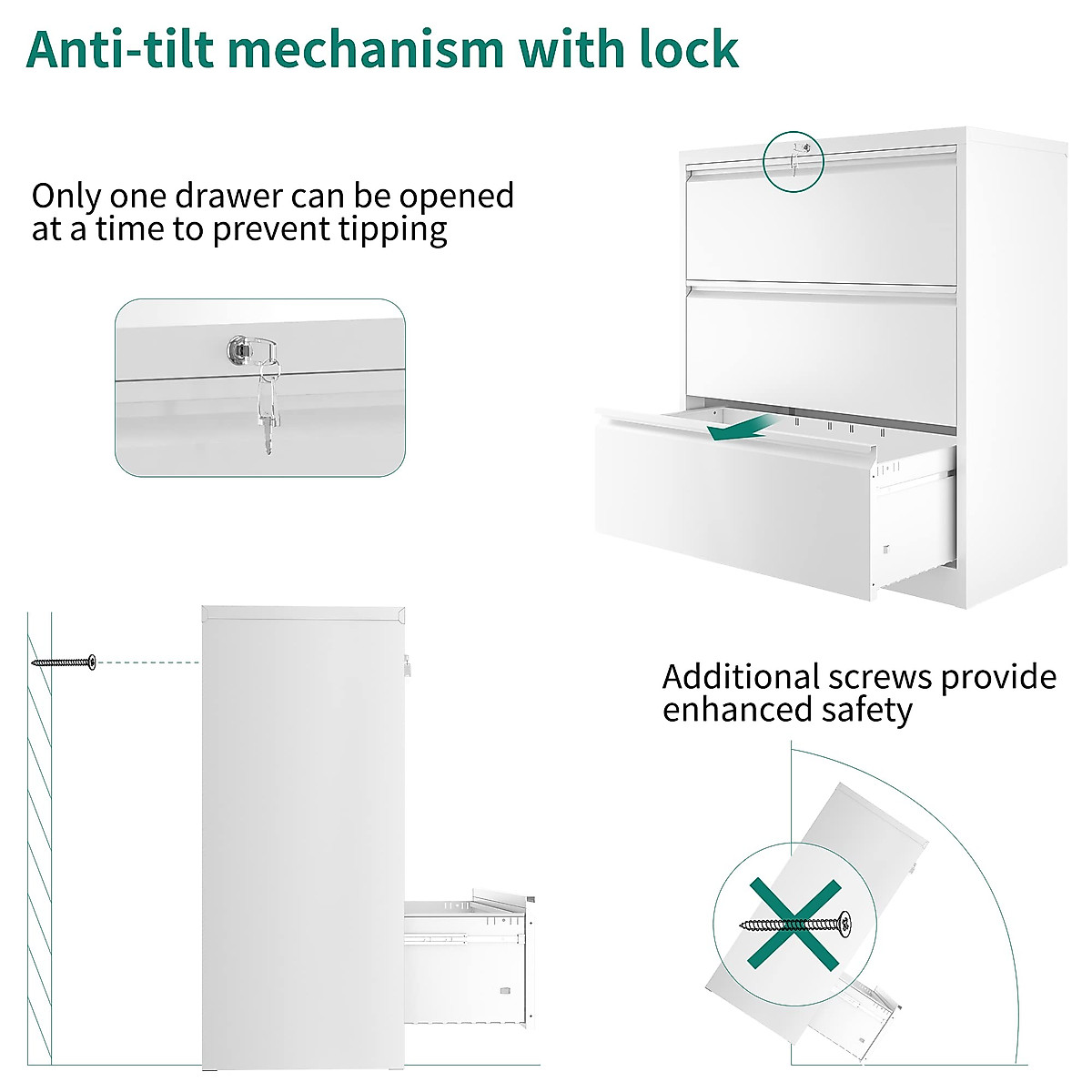 YITAHOME 3 Drawer Lateral File Cabinet with Lock, Metal Stainless Steel Wide Lateral Filing Cabinet for Legal/Letter A4 Size, Office Organizer Storage Cabinet,White
