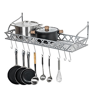MyGift Wall Mounted Black Metal Kitchen Pots and Pans Storage Rack with Display Shelf Includes 12 Removable S Hooks