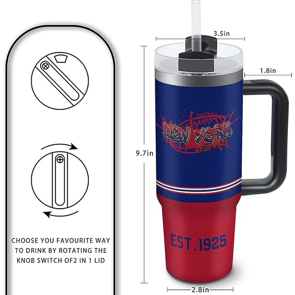 New-York 30 oz Tumbler with Handle and Straw,Car cup,Coffee Mug,100% Leakproof Insulated Tumbler with Lid and Straw,Made of Stainless Steel,Cup Holder Friendly Base,Classic Collection Gifts for Fans