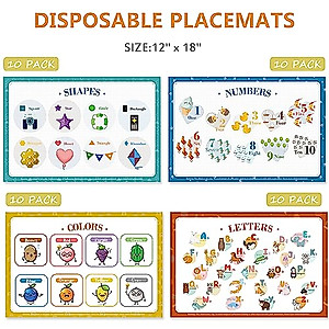 Disposable Placemats for Baby, 40 Pack Sticky Toddler Placemat for Restaurants, Dining Table, Party, Travel, Placemats with Letters Numbers Shapes Colors, Fun and Learning Placemats for Kids12''x18''