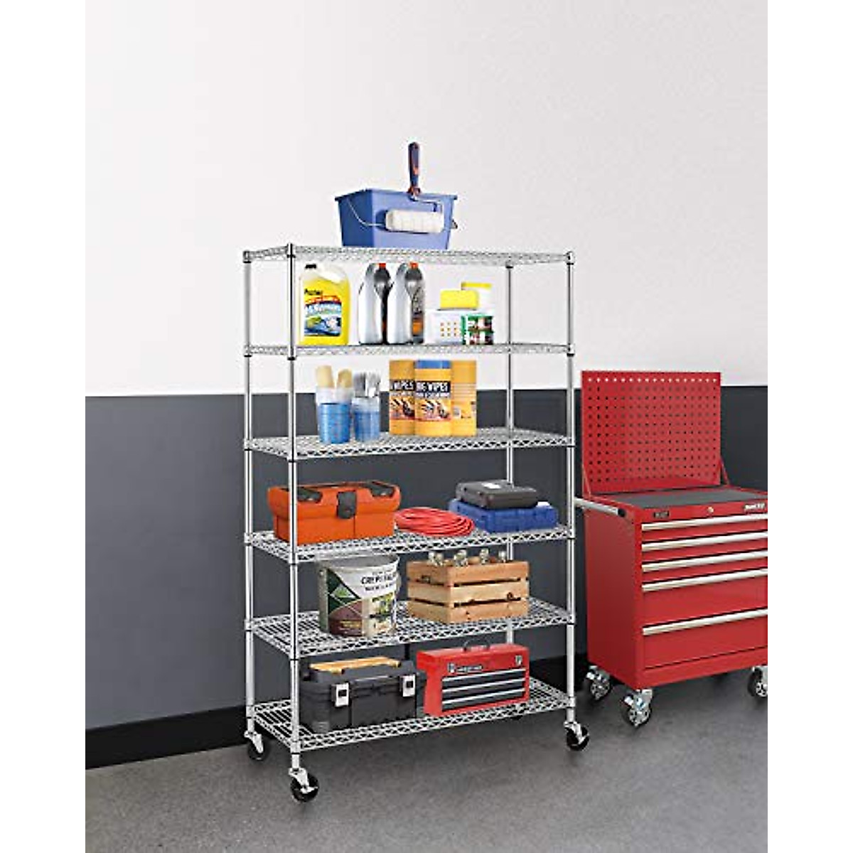BestMassage Wire Shelving Unit Heavy Duty Garage Storage Shelves Large Metal Shelf Organizer 6-Tier Height Adjustable Commercial Grade Utility Steel Storage Rack with Wheels,18 x 48 x 72 (Chrome)