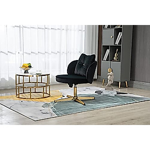 Pvillez Office Desk Chair No Wheels Polyester Fabric Armless Home Office Desk Chair Office Chair Vanity Chair Adjustable Swivel Home Office Computer Chair Task Chair with Pillow and Gold Base (Black)