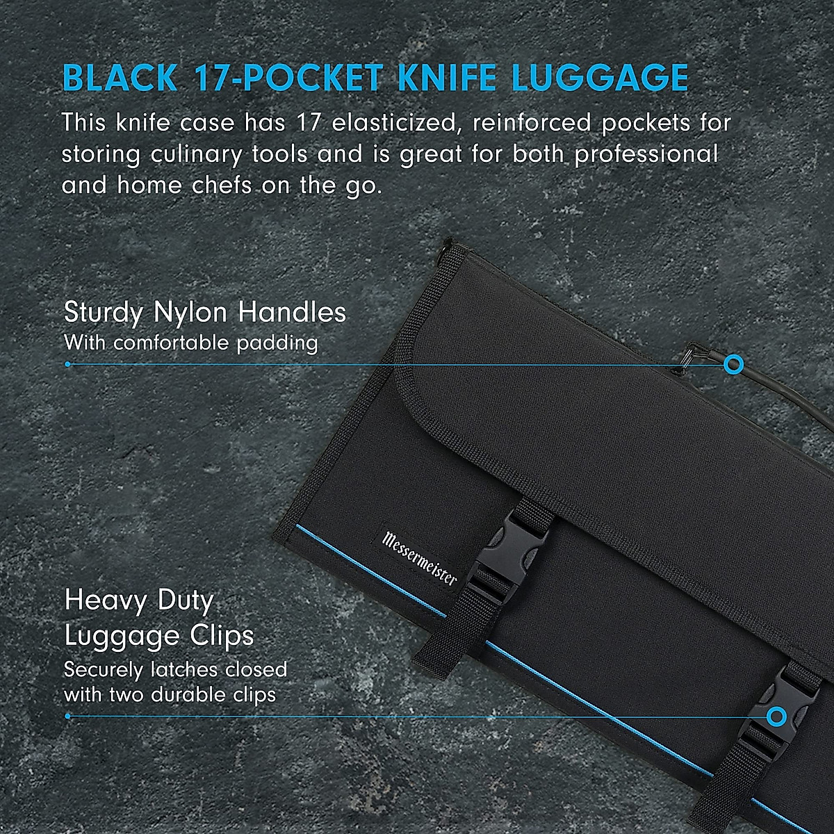 Messermeister 17-Pocket Knife Case with Large Outer Pocket, Black - 17 Elasticized, Reinforced Pockets for Culinary Tools - Holds Up to 18” Knives - Functional, Stylish & Durable