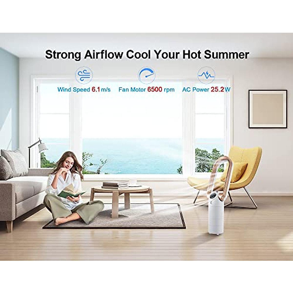 Ocean Loong Bladeless Tower Fans with Remote Control, 28 inch Quite Cooling Fan with 120° Oscillation & 270°Tilt Head, 9 Hours Timer, 9 Speeds Air Circulator for Bedroom Office Home, White/Gold