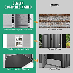 Seizeen 6x4.4FT Outdoor Resin Shed with Reinforced Floor, All-Weather Plastic Shed with Lockable Door, Window & Vents, Garden Tool Sheds & Outdoor Storage Clearance for Garden Patio Lawn (Gray)