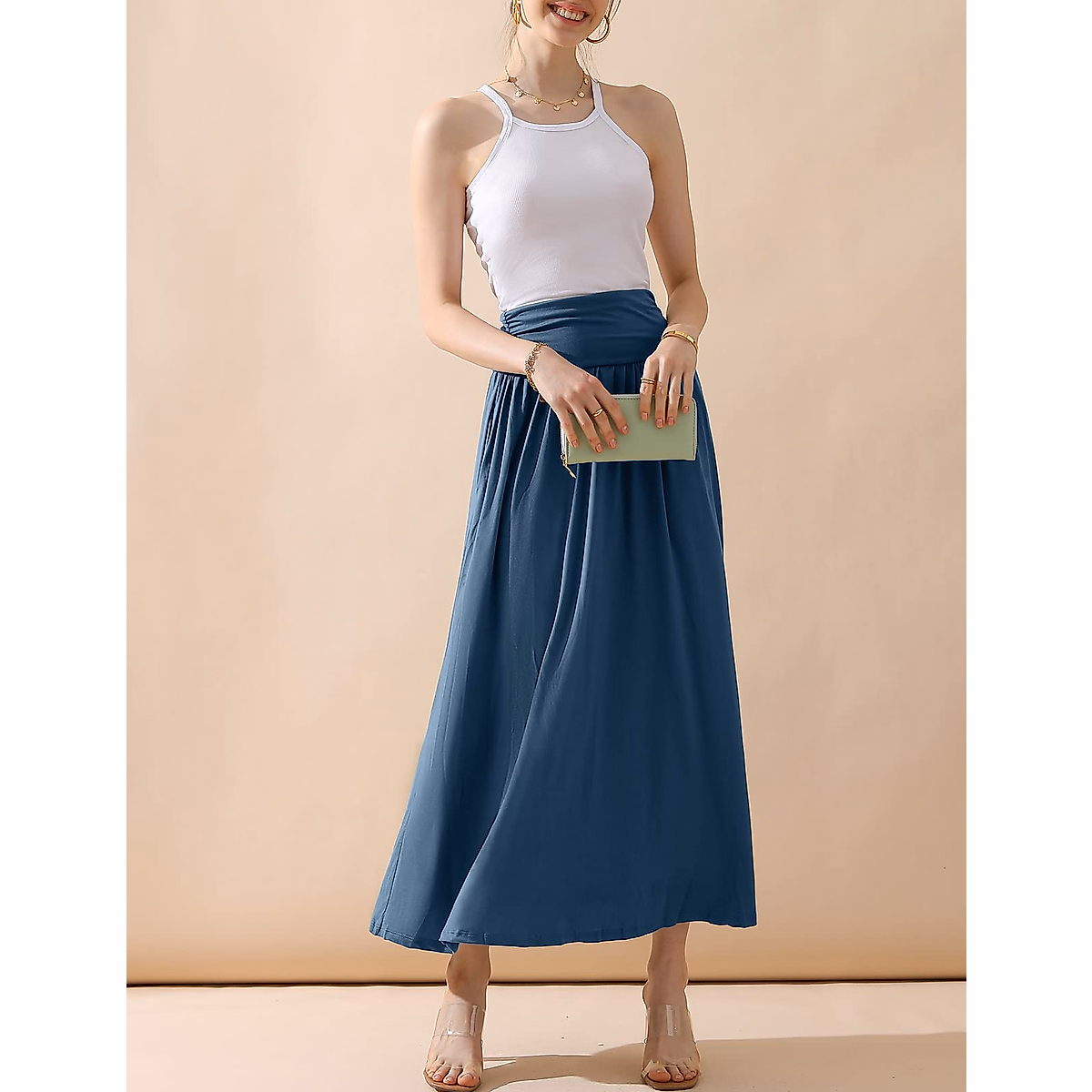 DOUBLJU Casual High Waisted Maxi Skirts with Pocket Elastic Wide Waist Band Flare Long Basic Skirts for Women Trendy Summer
