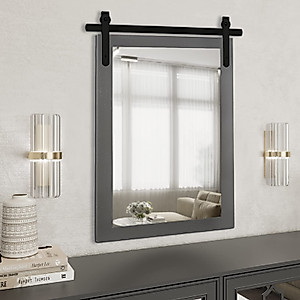 Farmhouse Wall Mirror, Rustic Wood Frame Bathroom Mirror Barn Door Inspired Decorative Vanity Dress Mirrors for Living Room Entryway, 22x30 INCH Gray Vertical