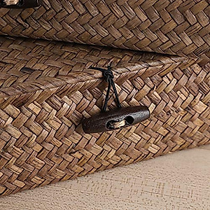 Hipiwe Set of 2 Flat Woven Wicker Storage Bins with Lid Natural Seagrass Basket Boxes Multipurpose Home Organizer Bins Boxes for Shelf Organizer (Coffee)