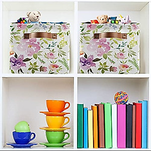 Fresh Purple Floral Storage Baskets Large Foldable Storage Bin Canvas Toys Box Fabric Decorative Collapsible Organizer Bag with Handles 2 Pcs