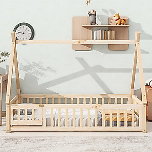 LostCat Twin Size Floor Bed for Kids Girls Boys, Wooden Montessori Floor Bed with Guardrails & Door, Tent-Shaped Floor Bed, Wood Slat Support, Easy Assembly, Natural