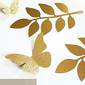 Letjolt Golden Paper Leaves Set Decorations for Family Tree Photo Wall Crafts Leaf(12pcs) Glitter Butterfly(4pcs) Nursery Decor Baby Shower Backdrop Decals