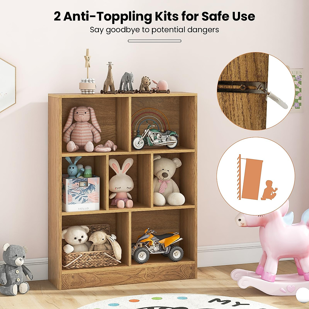 Costzon Montessori Shelf, 7-Section Toy Storage Organizer for Books Toys, 3 Tier Wooden Storage Cabinet, Kids Bookshelf for Playroom, Preschool, Classroom, Daycare (Natural)