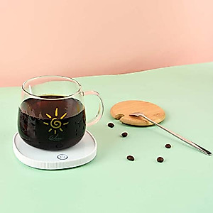 Coffee Mug Warmer Set, Electric USB Mug Cup Warmer with Flat Bottom Mug/Bamboo Lid/Spoon for Desk Office Home Use - White(with Mug)