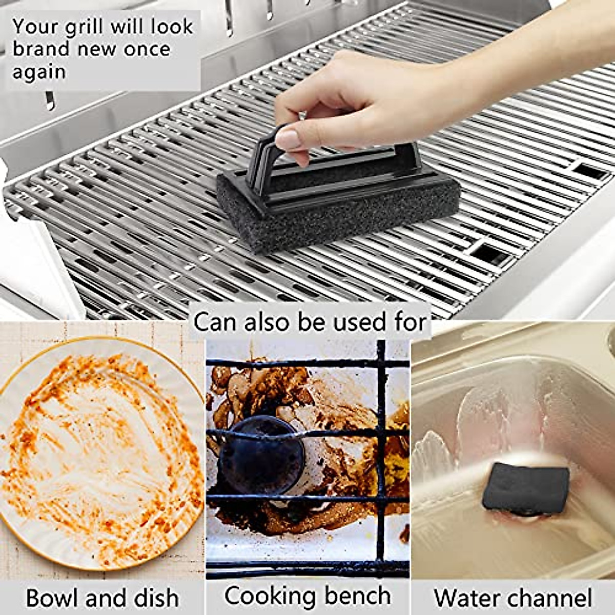 Griddle Cleaning Kit 8 Pcs, Grill Accessories Cleaner Tool Set-1 Stainless Steel 6" Scraper, 2 Scouring Pads,1 Scouring Pads with Handle, 2 Cleaning Bricks, 1 Pan Scraper