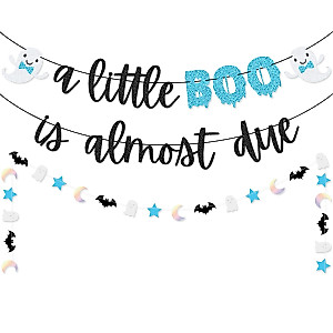 Blue Black A Little Boo is Almost Due Banner Garland for Halloween Boy Baby Shower Decorations