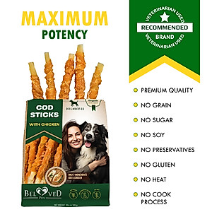 Beloved Pets Cod Sticks Dog Treats Chicken Wrapped - All Natural Rawhide - Free & Grain Free Long Lasting Chews for Large & Small Dogs - Dried Pet Snacks - Support Healthy Teeth & Skin Coat
