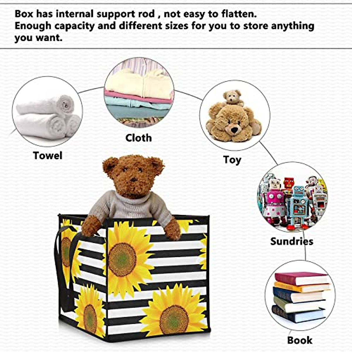 KEEPREAL Sunflower Black and White Stripes Cube Storage Bin with Handles, Large Collapsible Organizer Storage Basket for Home Decorative(1Pack,10.6 x 10.6 x 10.6 in)