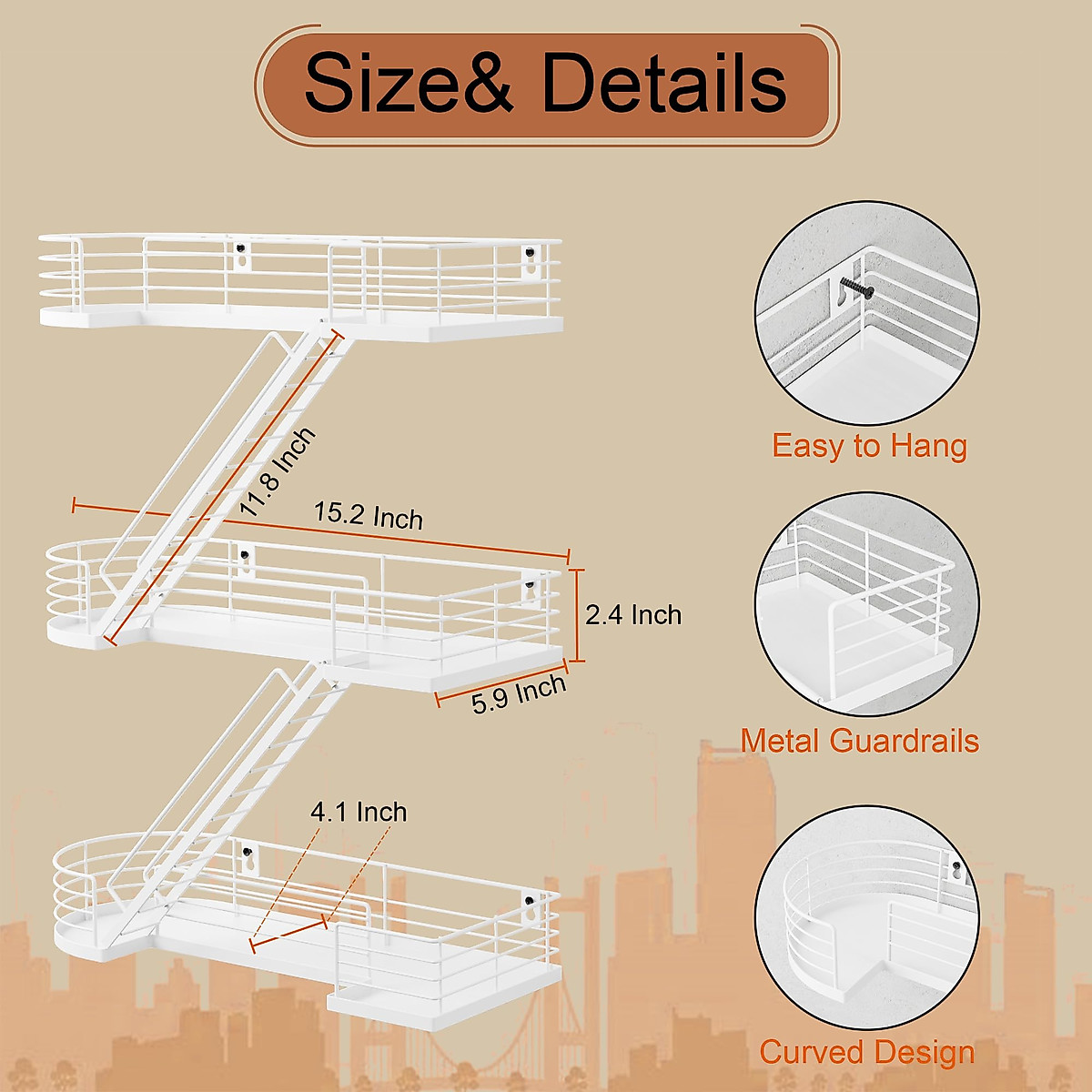 YEMNMFH 15 Inch Fire Escape Wall Shelf - White Metal Decorative Shelves, Eye-Catching Figurine Display Shelf Wall Mounted, Unique Ladder Home Décor for Knick Knack, Action Figure, Bedroom, Bathroom