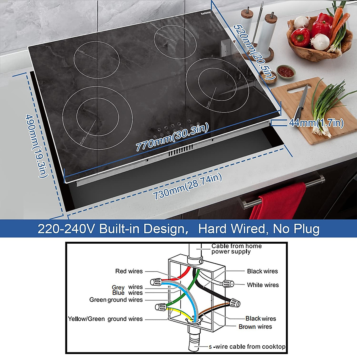 Karinear 30 Inch Electric Cooktop, 4 Burners Built-in Radiant Electric Stove Top, Ceramic Cooktop with Glass Protection Metal Frame, Kid Safety Lock, Timer, Pause, 7100W,240V Hardwire