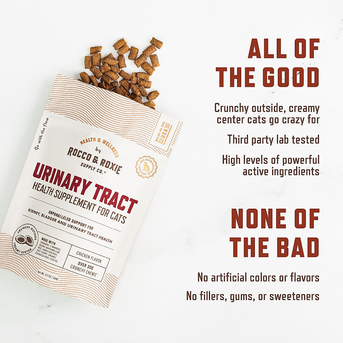 Rocco & Roxie Cat Urinary Tract Health Supplement, Cranberry and D-Mannose for Kidney, Bladder, and UT Support, Vet Recommended Chicken Flavored Crunchy Chews Cats Love, Made in USA