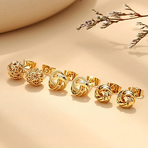 HAIAISO 3 Pairs Gold Love Knot Earrings For Women 14K Gold Plated Woven Ball Stud Earrings Love Knot Post Earrings for Sensitive Ears(Gold)