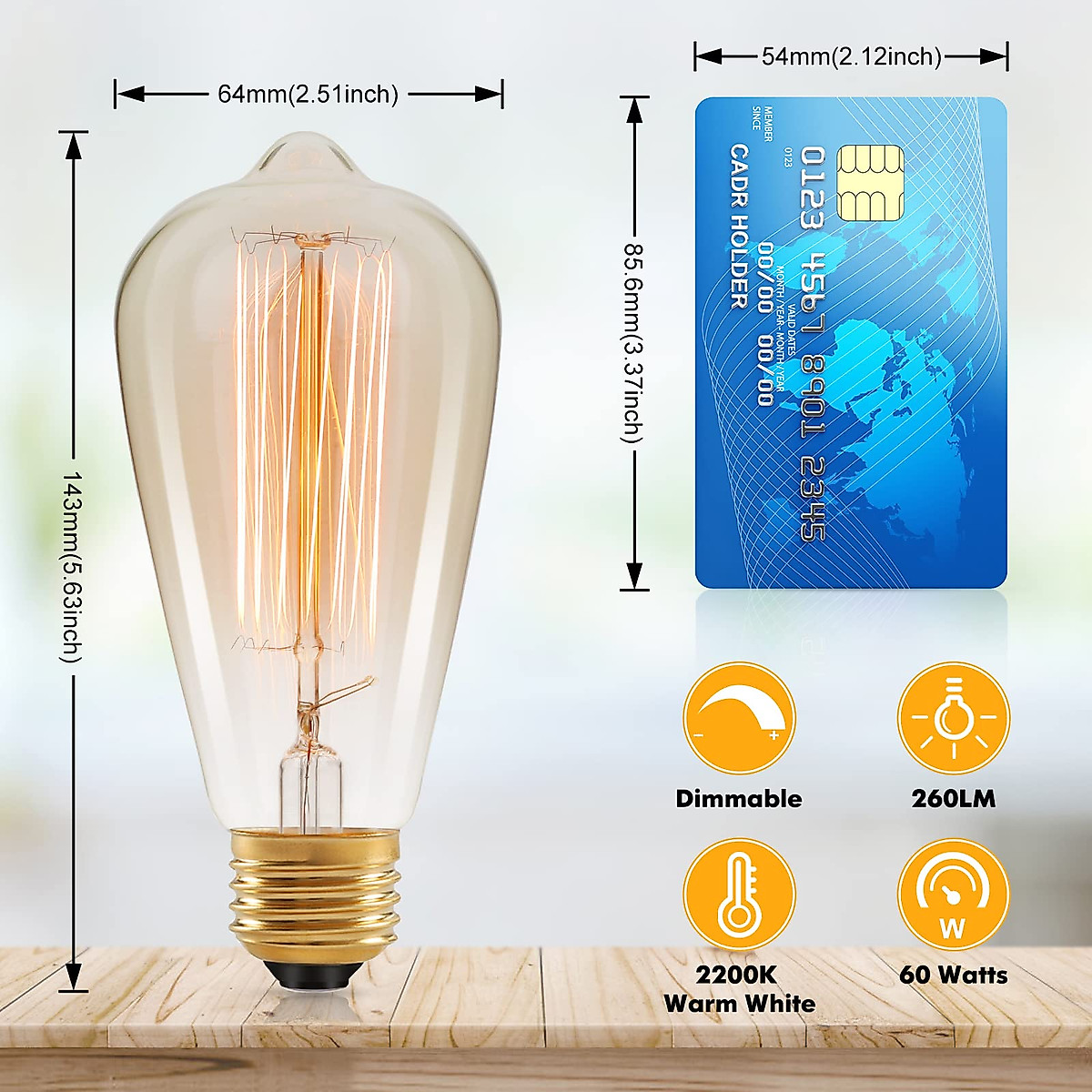 60 Watt Incandescent Edison Light Bulbs, Vintage Dimmable E26 Bulbs, ST64 2200K Warm White Antique 260LM E26 Medium Screw Base Amber Filament Bulbs for Home, Bedroom, Office, Decorative Lamp(4-Pack)