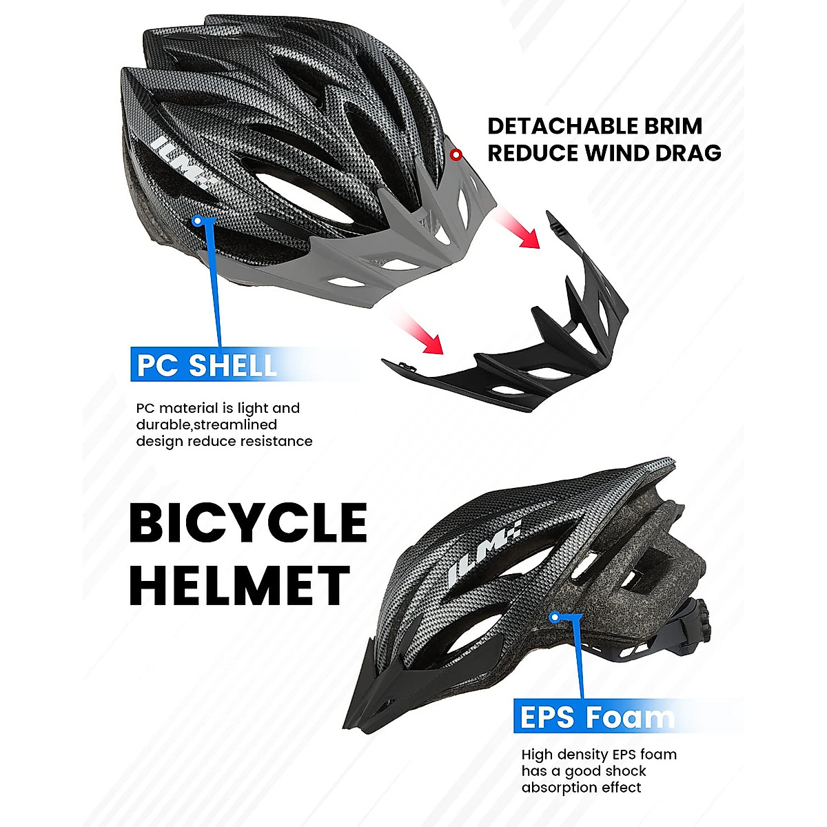 ILM Adult Men & Women Bike Bicycle Helmet, Lightweight Child Youth Mountain Road Cycling Helmets with Dial Fit Adjustment Model B2-21 (Carbon, XXL)