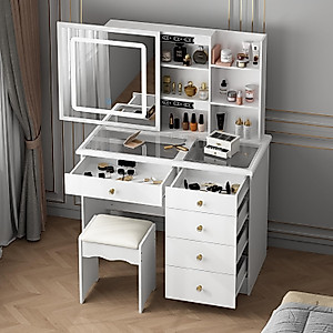 ROMSHINE Vanity Desk with Mirror and Lights, Makeup Vanity Desk with Sliding Mirror, Glass Desk-Top and Lights in 3 Colors Modes, White Vanity Table and Chair Set with 5 Drawers, Glass Top