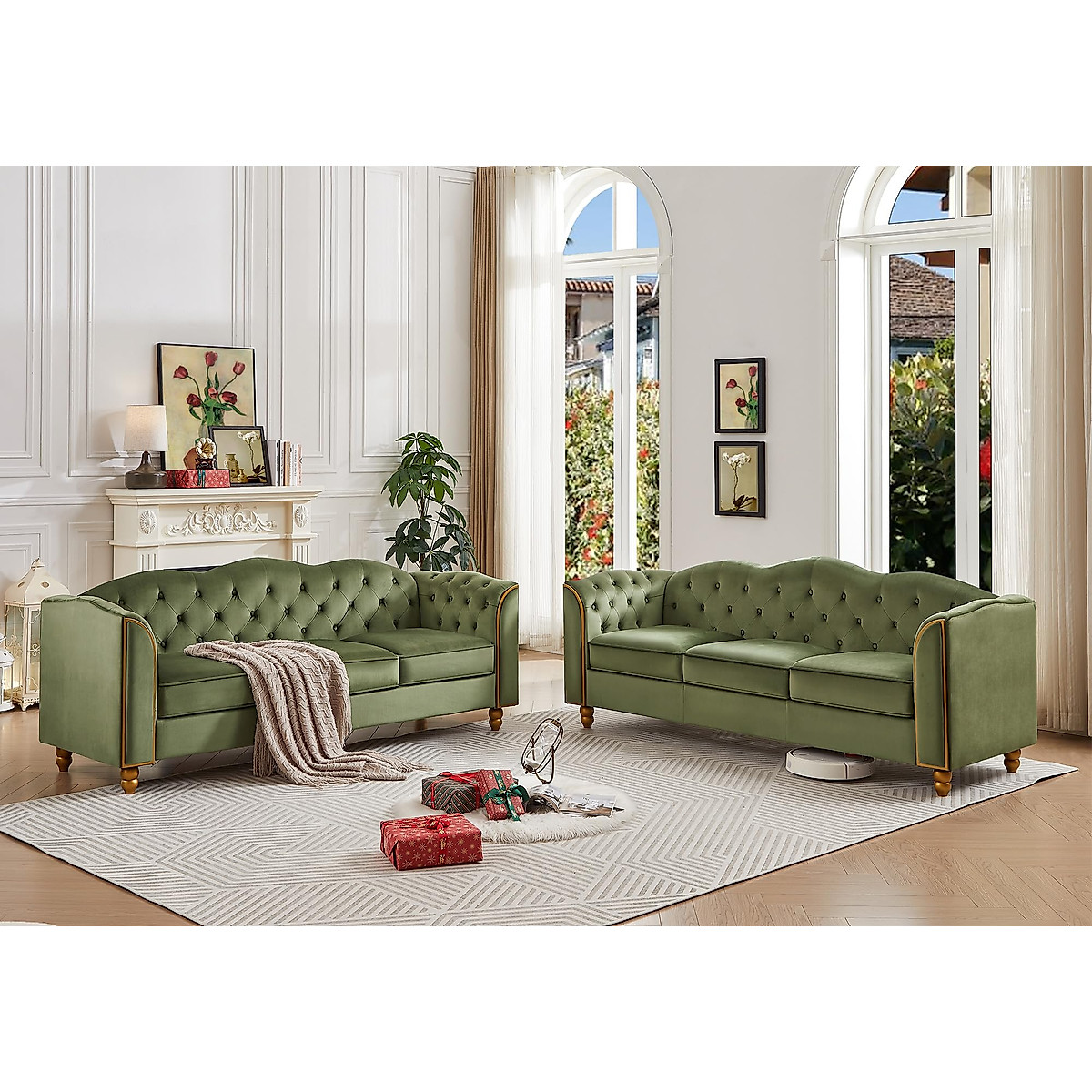 HITHOS 78" Velvet Sofa Couch, Soft 3 Seater Sofa Couche for Living Room, Button Tufted Comfy Couch Modern Sofa with Upholstered Cushion, Gold Trim, Solid Wood Legs for Dorm Bedroom Apartment, Green