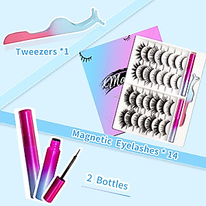 Magnetic Eyelashes Kit, Long Lasting and Reusable Magnetic lashes Natural Look, 14 Pairs False Eyelashes with Magnetic Eyeliner & Tweezers, Easy to Wear, No Glue Needed