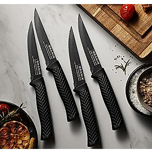 BRANIK Black Steak Knives set of 4, Special Non-Stick Coating on each of these Steak knives making them dishwasher safe. This Black Steak Knife Set is razor-sharp, lightweight, and user-friendly.