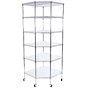 6 Tiers Free Standing Corner Shelf with Wheels, Metal Storage Wire Shelving Unit Corner Storage Rack Display for Restaurant，Living Room, Bathroom, Pantry，Kitchen 26.77" x 26.77" x 70.87" (Silver)