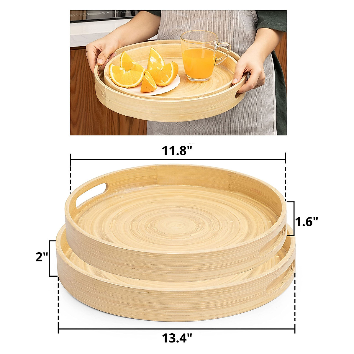 Round Serving Tray with Handles Bamboo Trays Serving Large Decorative Tea Trays for Coffee Table Bar Home Decor Bathroom Centerpieces Outdoor Organizing Tray for Vanity Fruit Set 2 (Bamboo Natural)