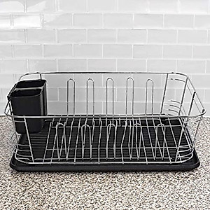 JOEY'Z Large Black Contempo 3 Piece Dish Rack Sink Set with Removable Drainboard, Cup Holders & Utensil Holder - Heavy Duty Chrome Coated Wire - 17.5" x 13.5" x 5.5"