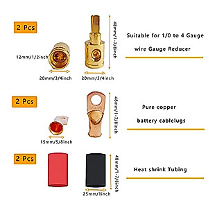 2Pairs of Car Audio 1/0 Gauge to 4 Gauge Amp Input Reducers (Gold), with AWG 1/0-3/8 inch Battery Terminal Connector and Heat Shrink tubing