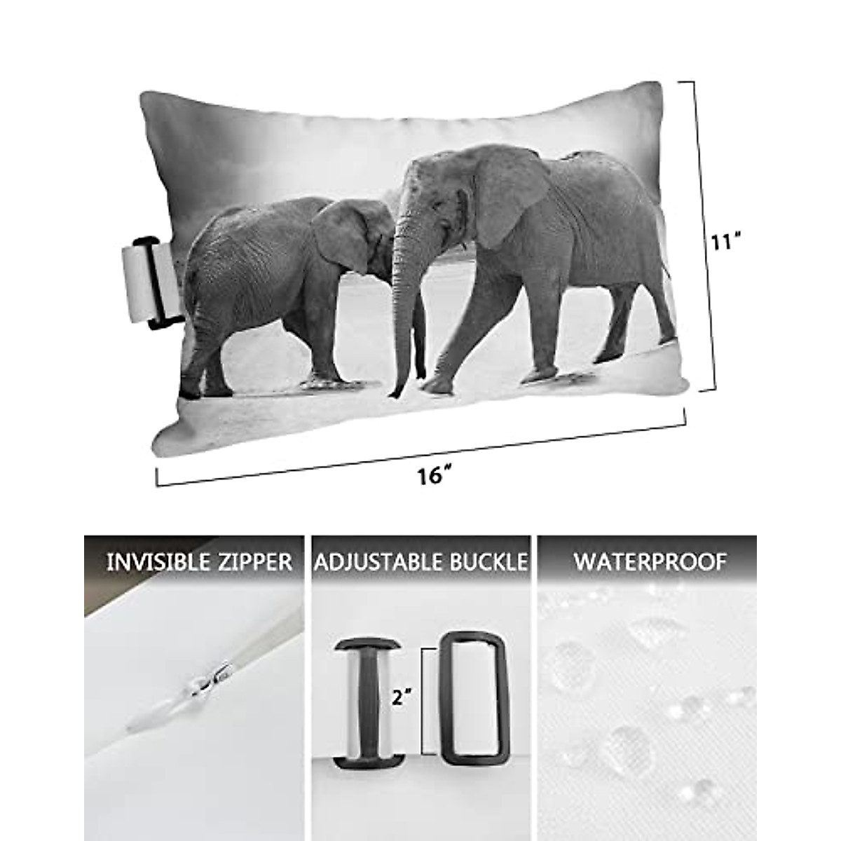 Recliner Head Pillow Ledge Loungers Chair Pillows with Insert Wild Animal Elephant Gray Lumbar Pillow with Adjustable Strap Outdoor Waterproof Patio Pillows for Couch Beach Pool Office Chair, 2 PCS