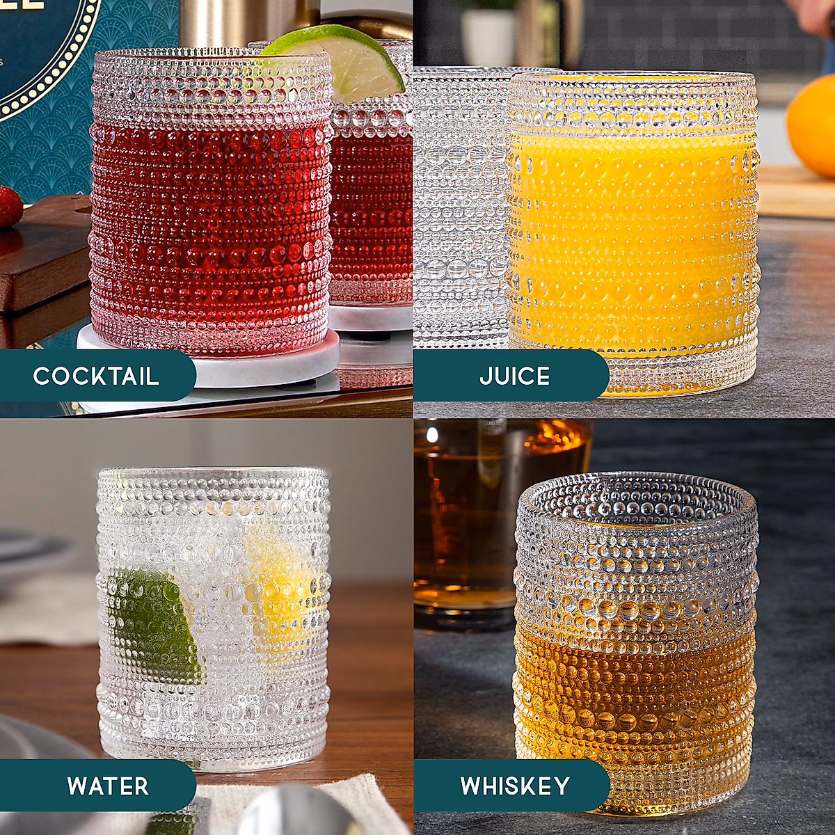 NASONI GLASSWARE - Set of 6, 10 oz Clear Hobnail Drinking Glasses in Luxury Box, Embossed Beaded Drinking Glasses, Versatile Lowball Hobnail Glasses for All Occasions, Vintage Glassware Design