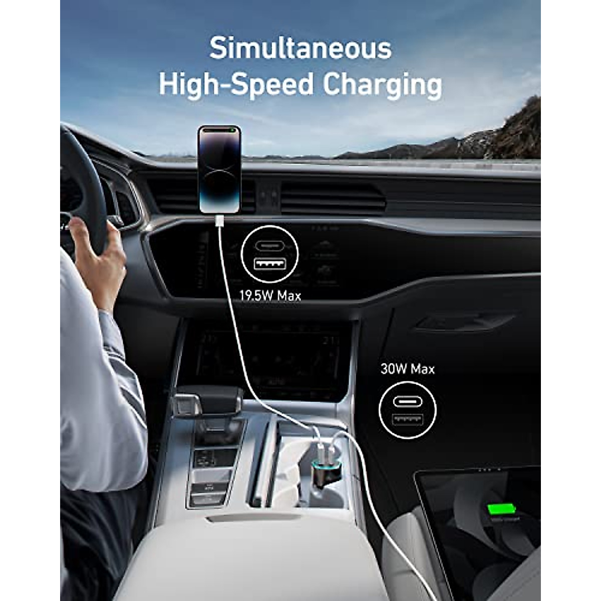 Anker USB C Car Charger, 49.5W PowerDrive Speed+ 2 Adapter with One 30W PD Port for iPhone 14 13 12 11 Pro Max mini X XS, S10/S9, MacBook Air, iPad Pro,and One 19.5W Fast Charge Port for S8 and More