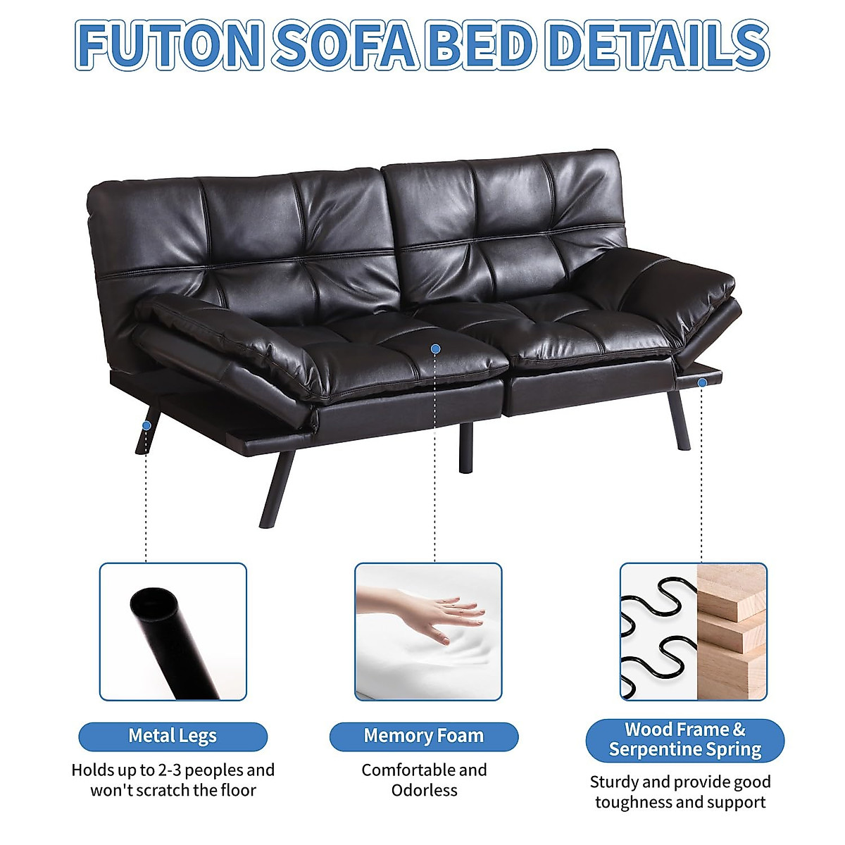 MUUEGM Futon Sofa Bed Couch Memory Foam Futon Convertible Couch Bed Sleeper, Modern Love Seat Daybed Sofa for Living Room, Small Space, Office, 71", Adjustable Backrests Armrests, Black