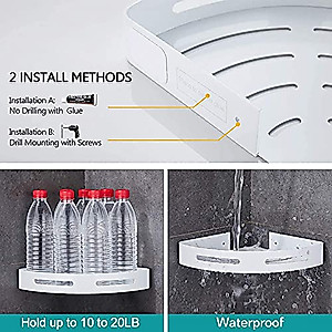 FHGH 2 Pack Bathroom Corner Shelves, Shower Shelf Corner Shelf No Drilling Shower Basket Caddy Shower Organiser Storage Corner Adhesive Aluminum Wall Mounted with Hooks,Black